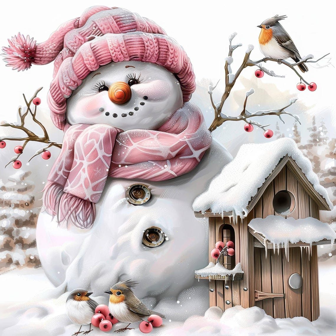 15 Christmas Pink Snowman Clipart Bundle, Cute Winter Illustration ...