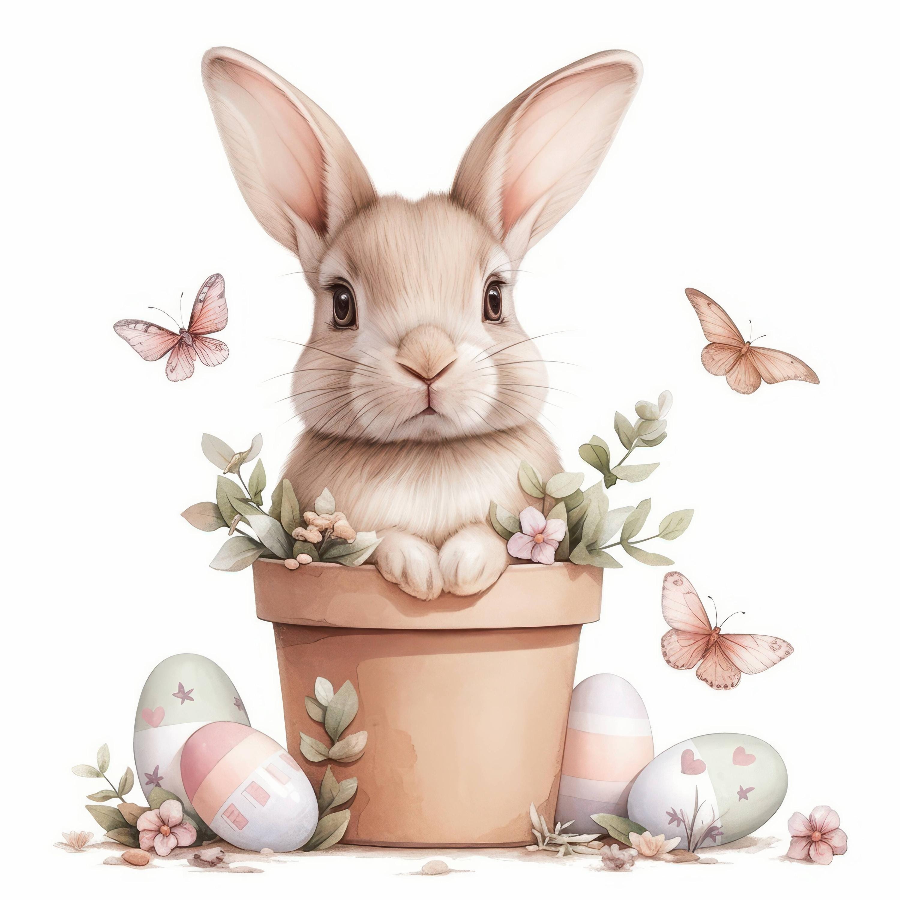 10 Easter Bunny in Pot Clipart Bundle, Cute Baby Rabbit Illustration ...