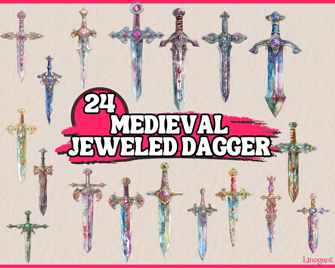 Watercolor Medieval Jeweled Dagger Clipart Bundle, Middle Age Stiletto ...