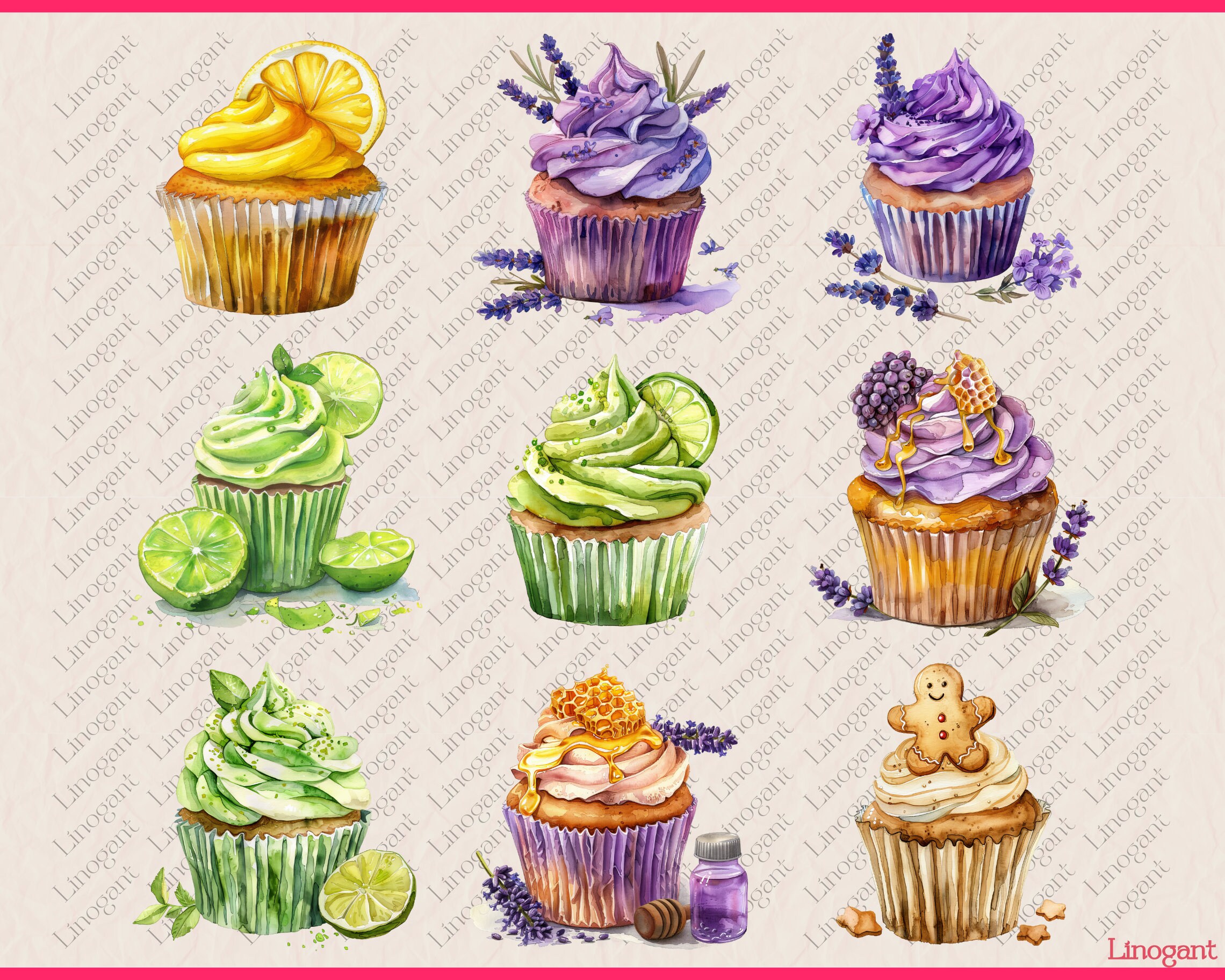 Watercolor Cupcake Clipart Bundle, Cupcakes Clip Art Set, Dessert PNG ...