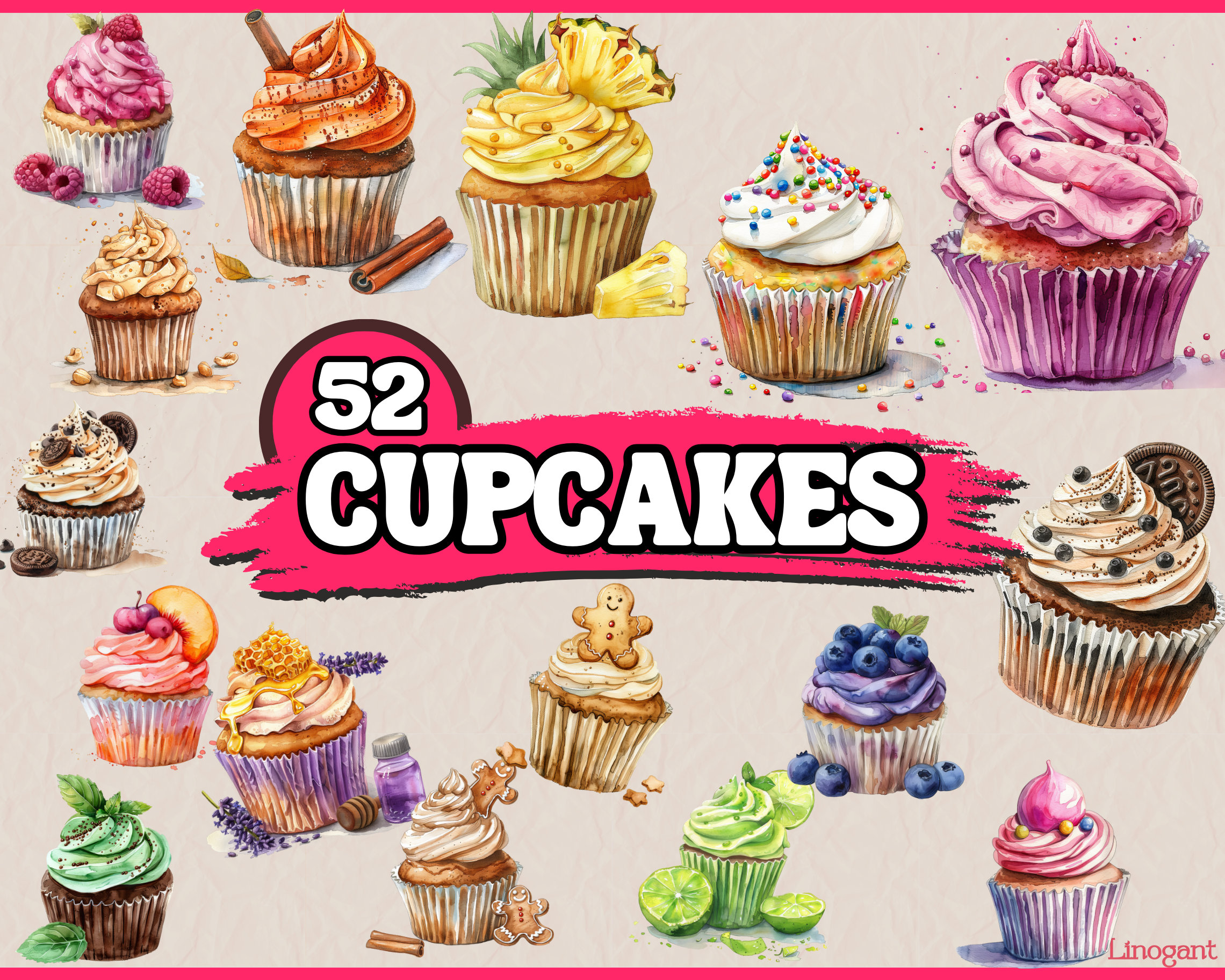 Watercolor Cupcake Clipart Bundle, Cupcakes Clip Art Set, Dessert PNG ...