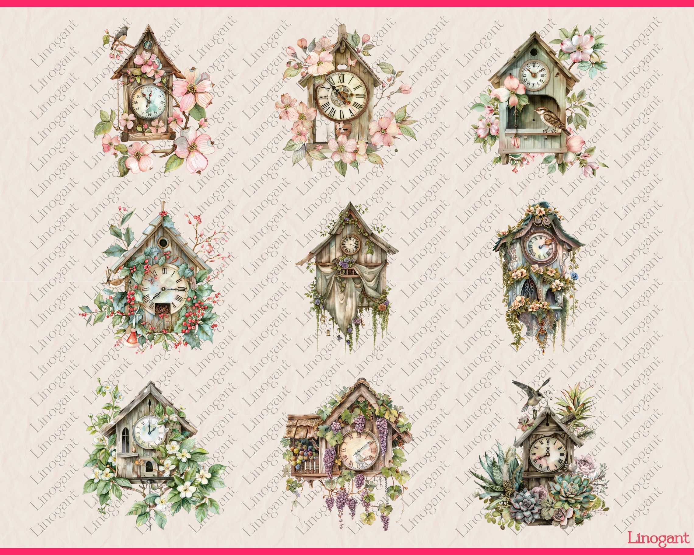 Watercolor Floral Cuckoo Clock Clipart Bundle, Flower Clocks Clip Art ...