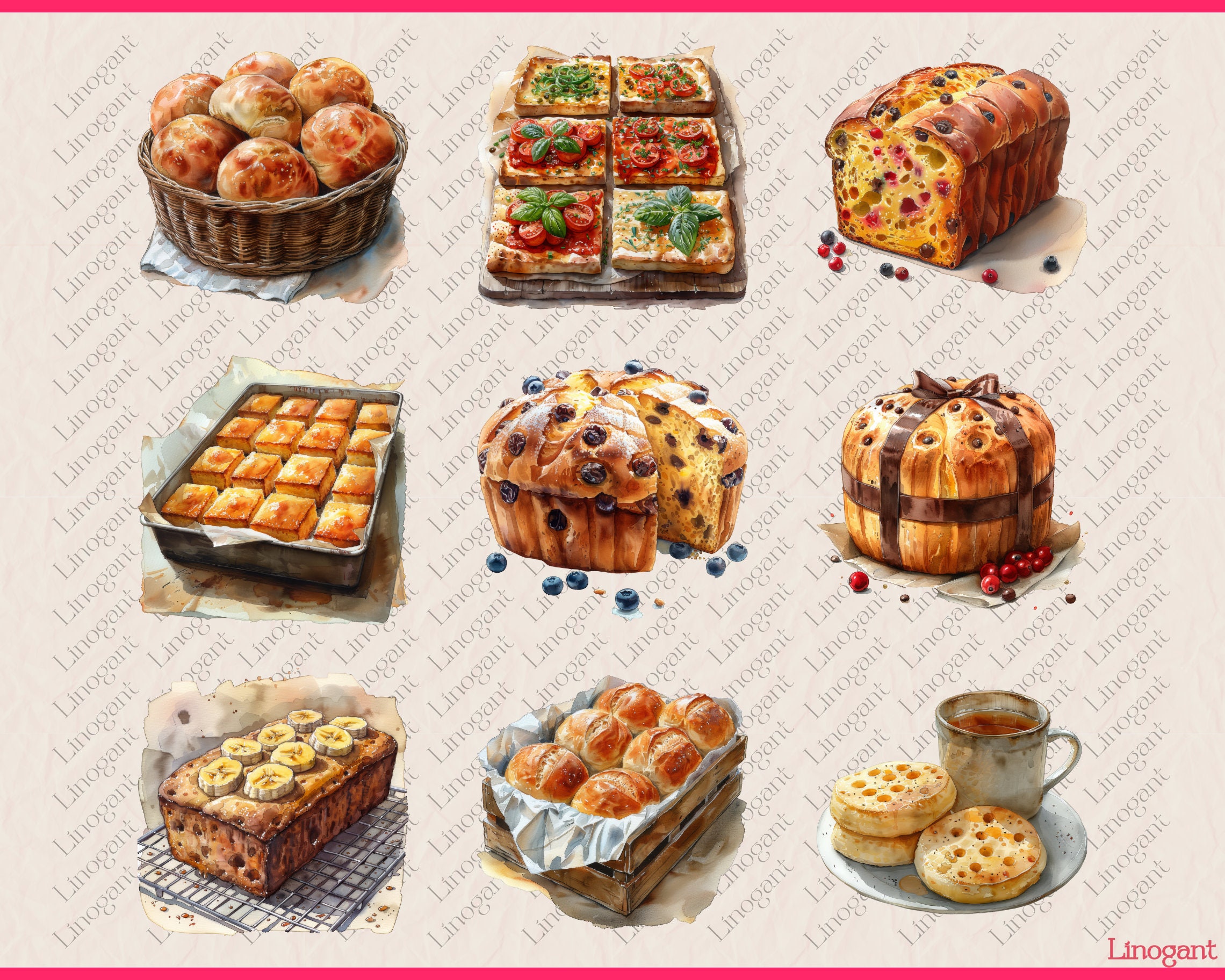 Watercolor Bread Clipart Bundle, Breakfast Food Clip Art Set, Bakery ...