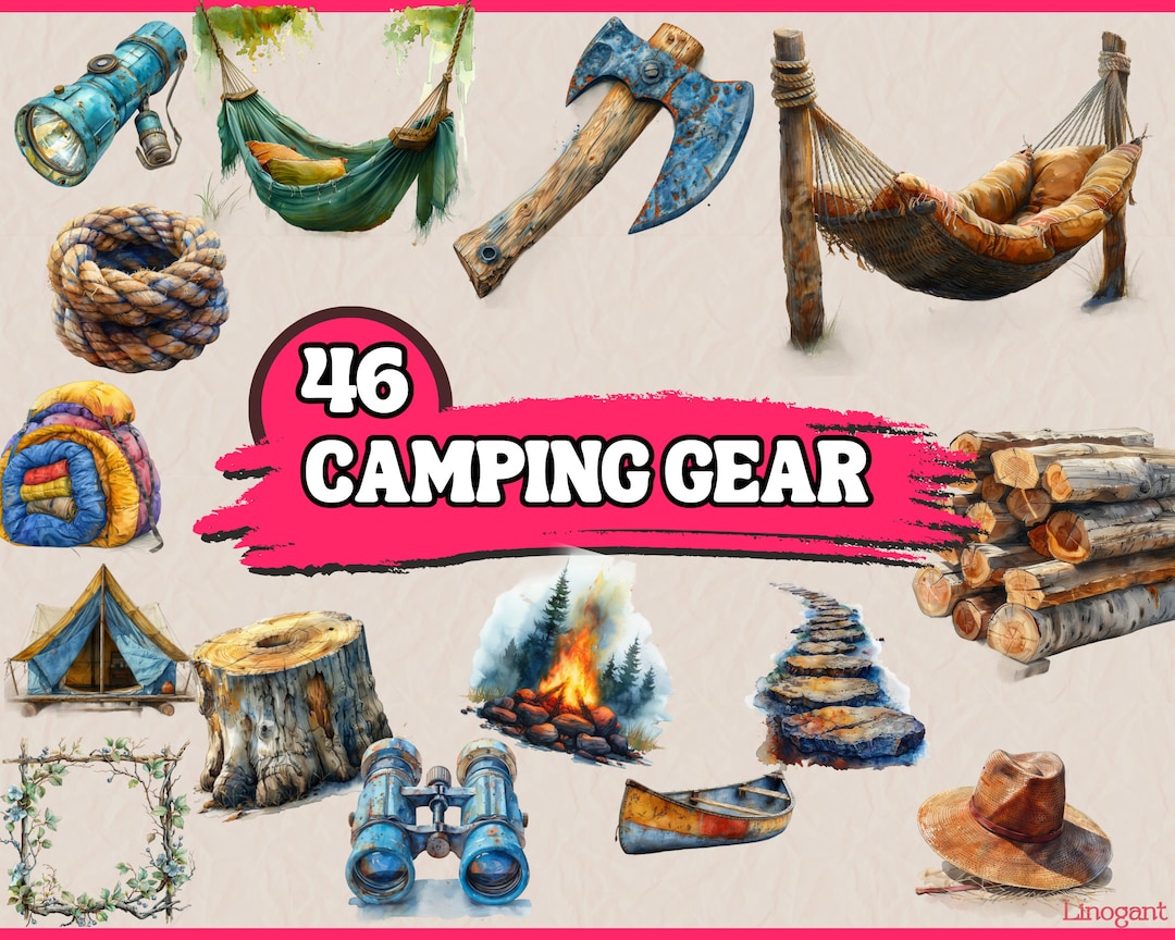 Watercolor Camping Clipart Bundle, Camp Gear Clip Art Set, Campfire ...