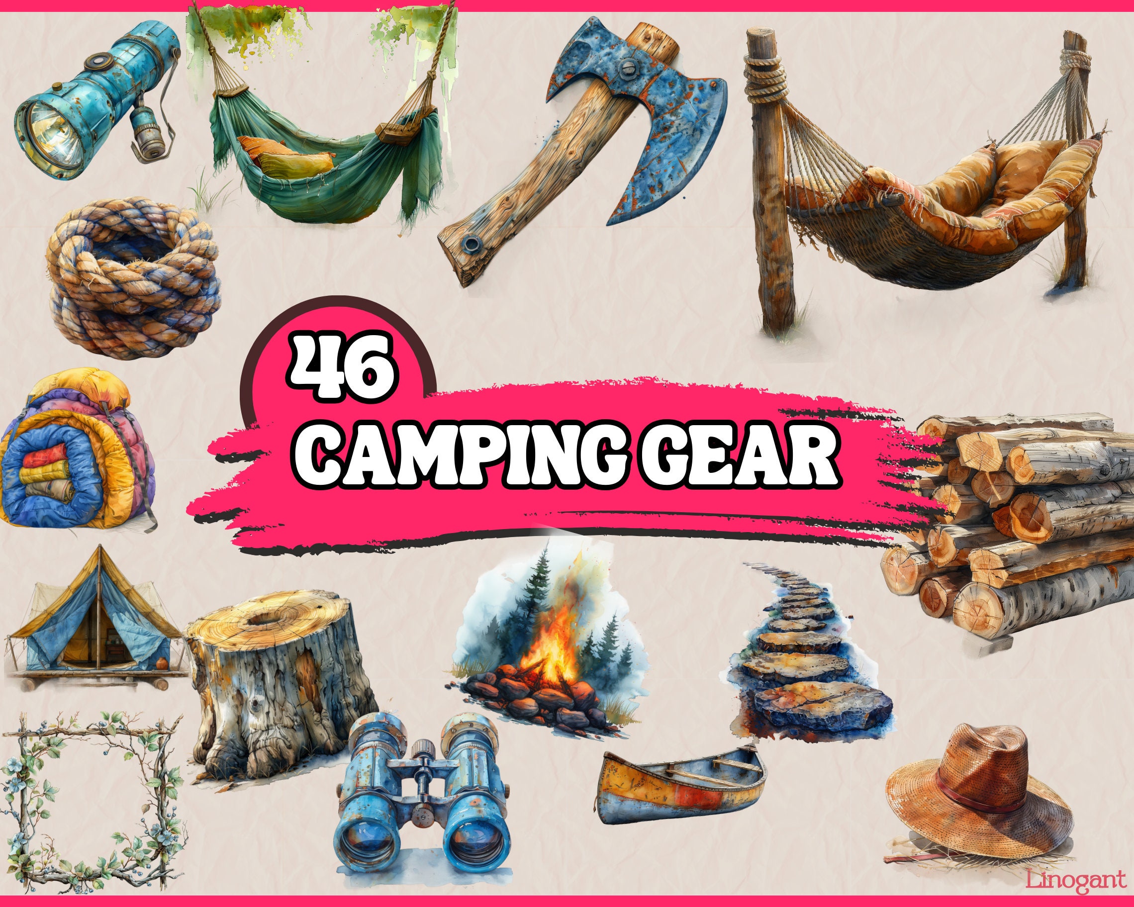 Watercolor Camping Clipart Bundle, Camp Gear Clip Art Set, Campfire ...