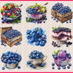 Watercolor Blueberry Clipart Bundle, Fruits Clip Art Set, Blue Berry ...