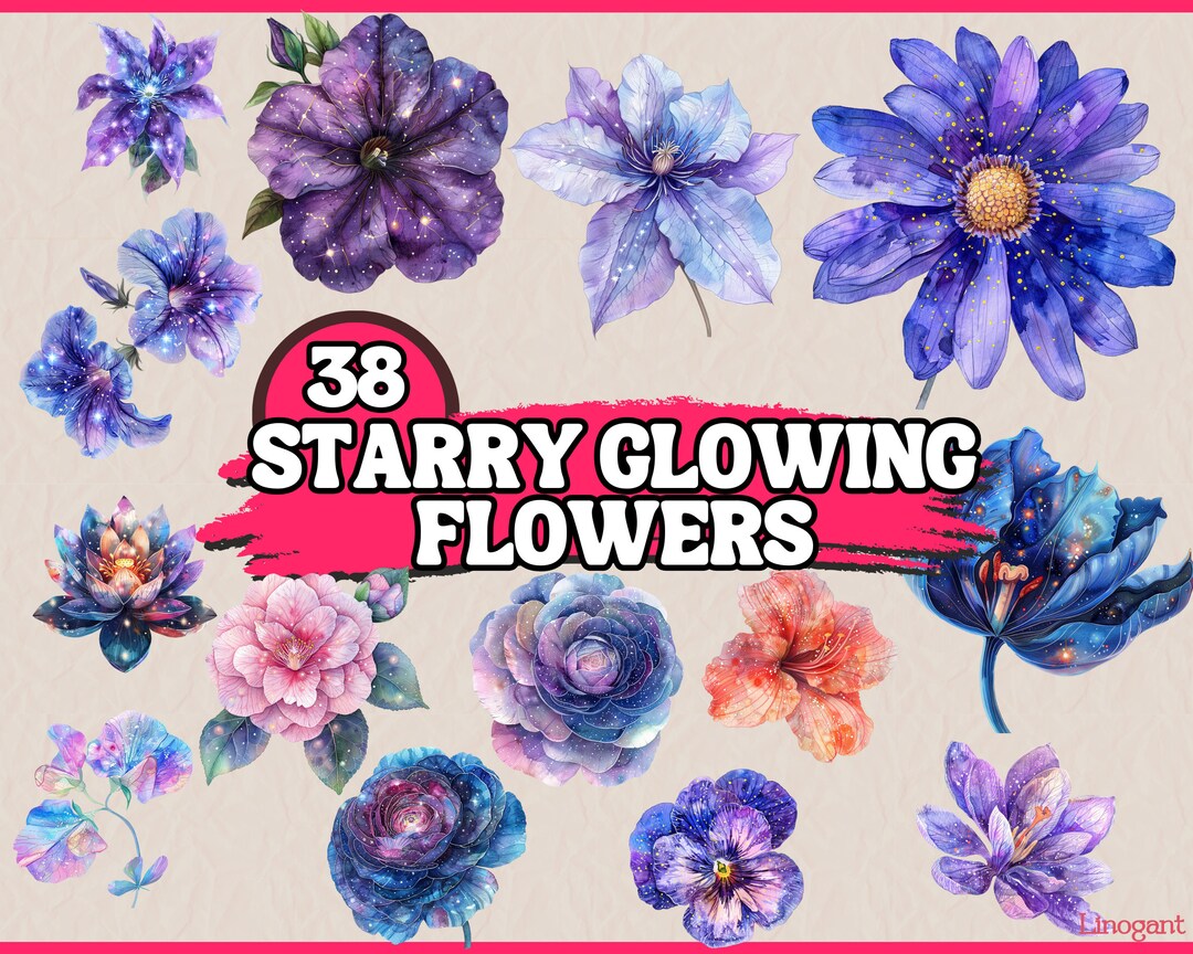 Watercolor Starry Glowing Flowers Clipart Bundle, Cosmic Floral Clip ...