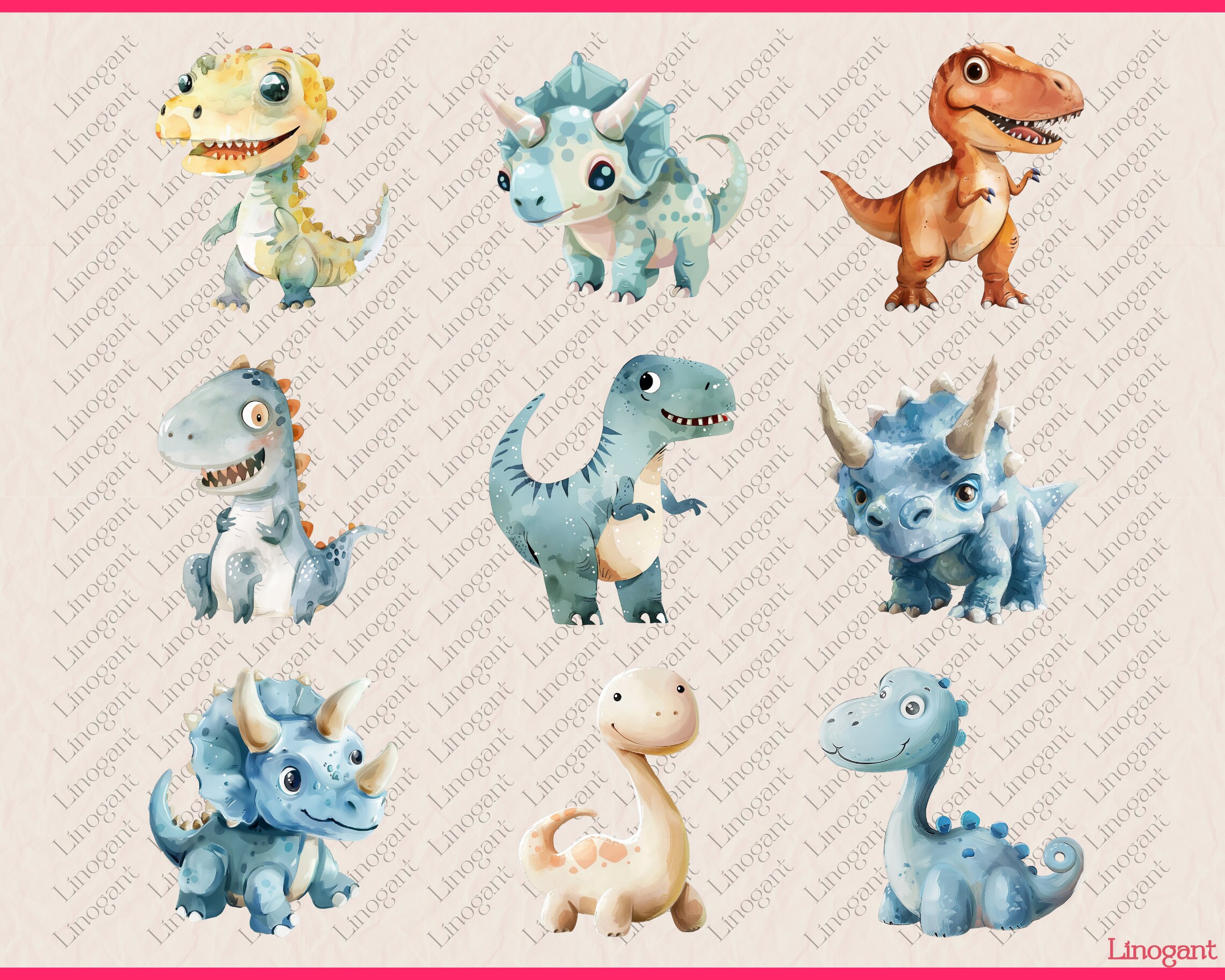 Watercolor Cute Dinosaur Clipart Bundle, Dino Nursery Decor Clip Art ...
