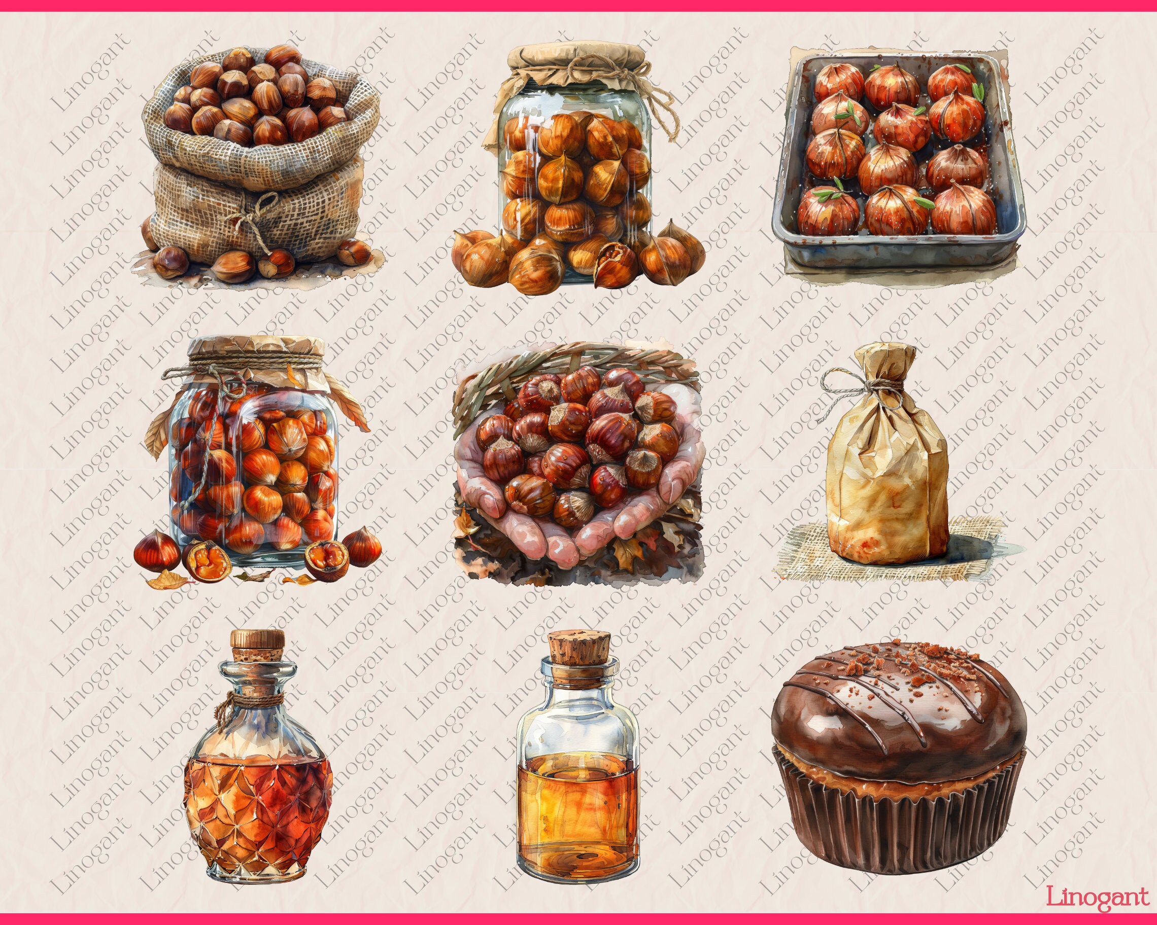 Watercolor Chestnut Clipart Bundle, Chestnut Nuts Clip Art Set, Box ...