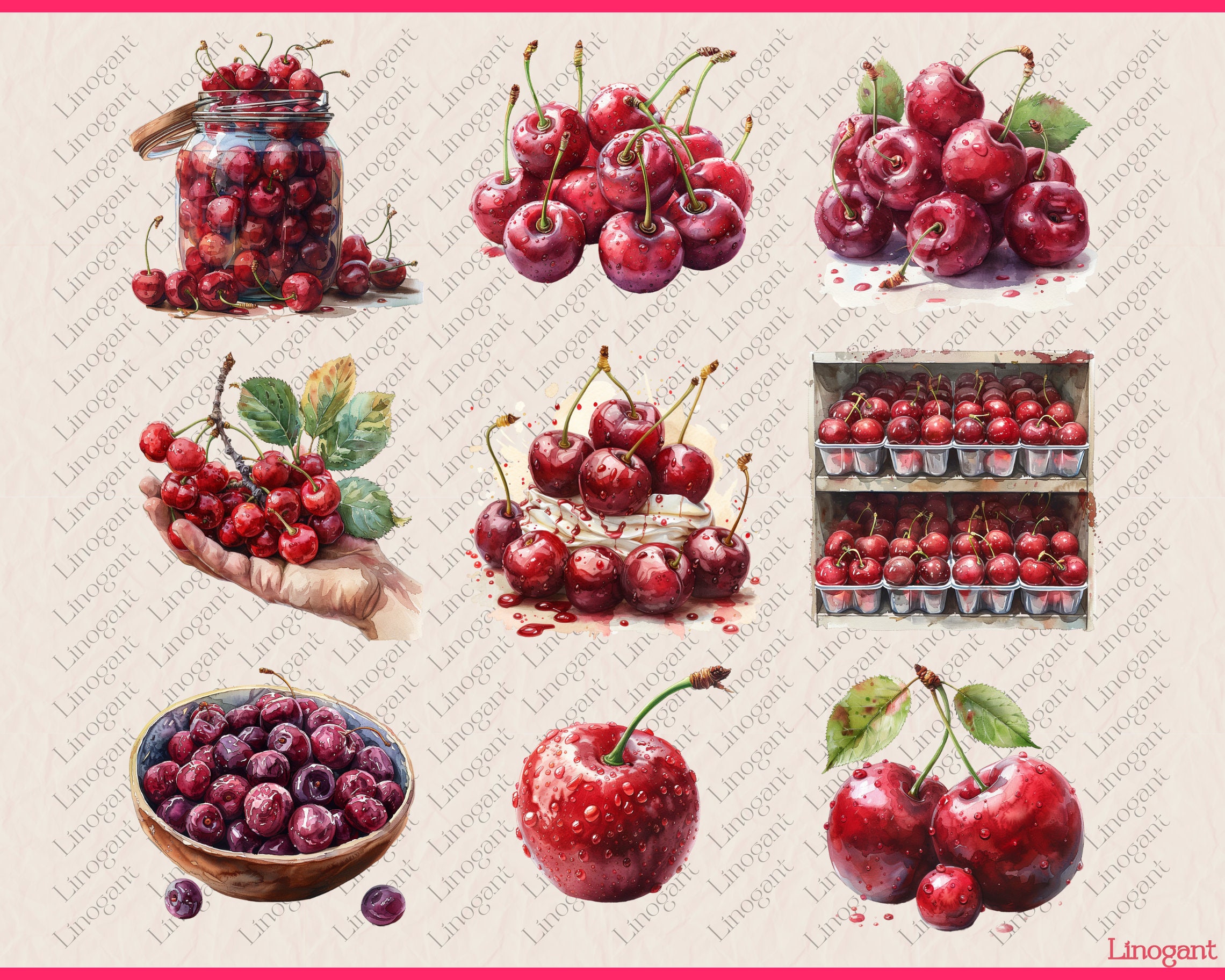 Watercolor Cherry Clipart Bundle, Fruits Clip Art Set, Cherry Cheese ...