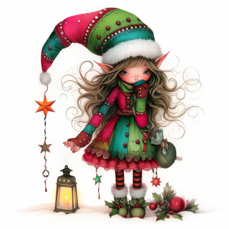 Whimsical Christmas Elf Clipart 11 High Res Watercolor Jpgs Junk ...