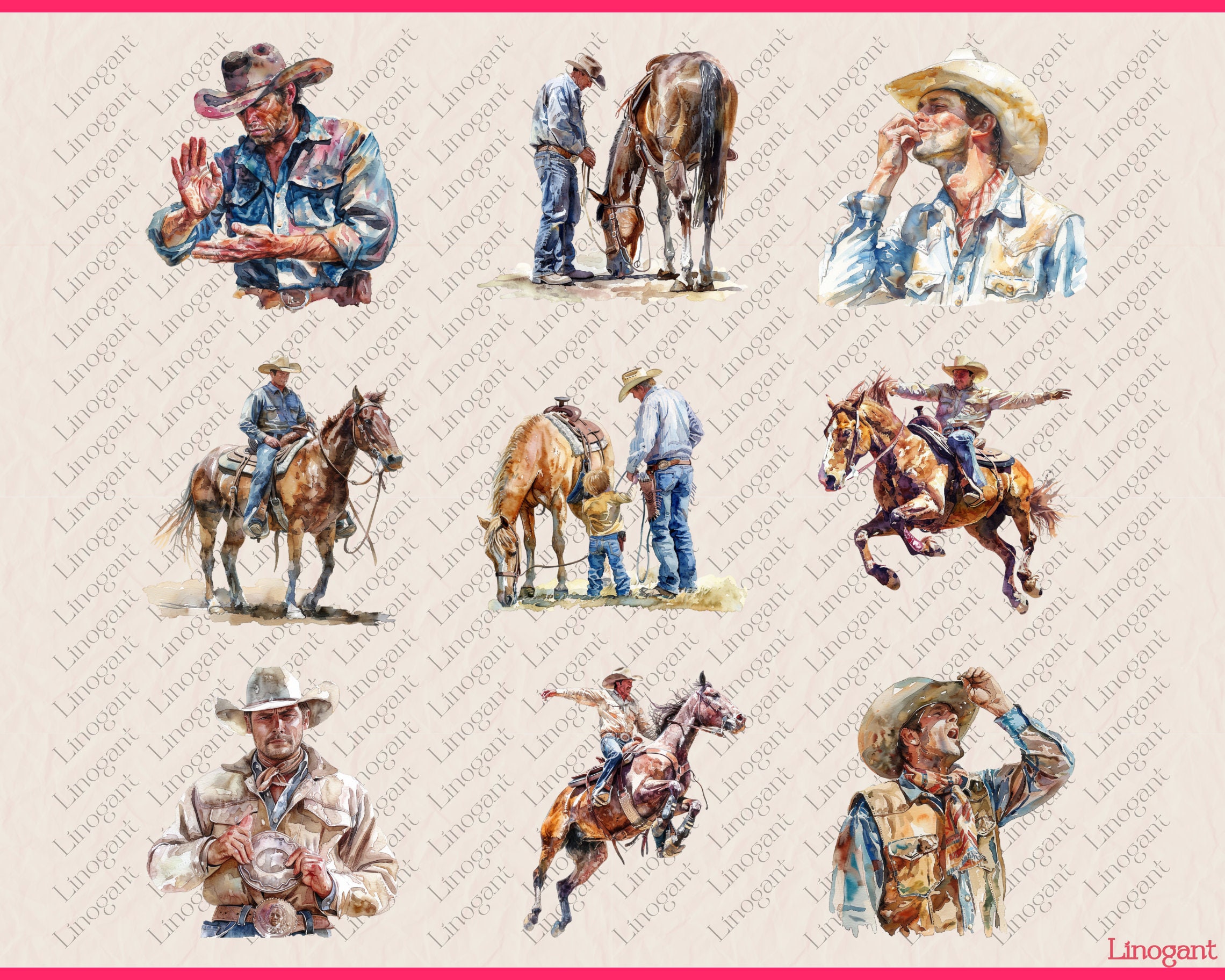 Watercolor Western Rodeo Clipart Bundle, Riding Horse and Bull Clip Art ...