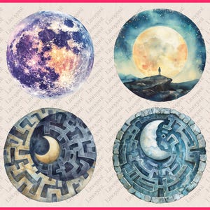 Watercolor 25 PNG Mystical Moon Clipart Bundle, Whimsical Lunar Clip ...
