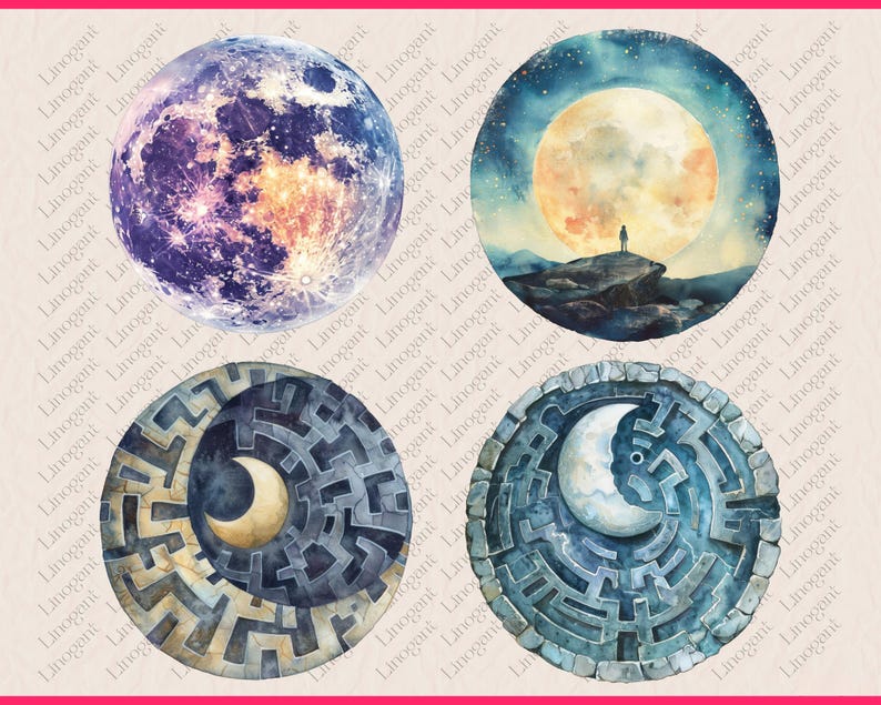 Watercolor 25 PNG Mystical Moon Clipart Bundle, Whimsical Lunar Clip ...