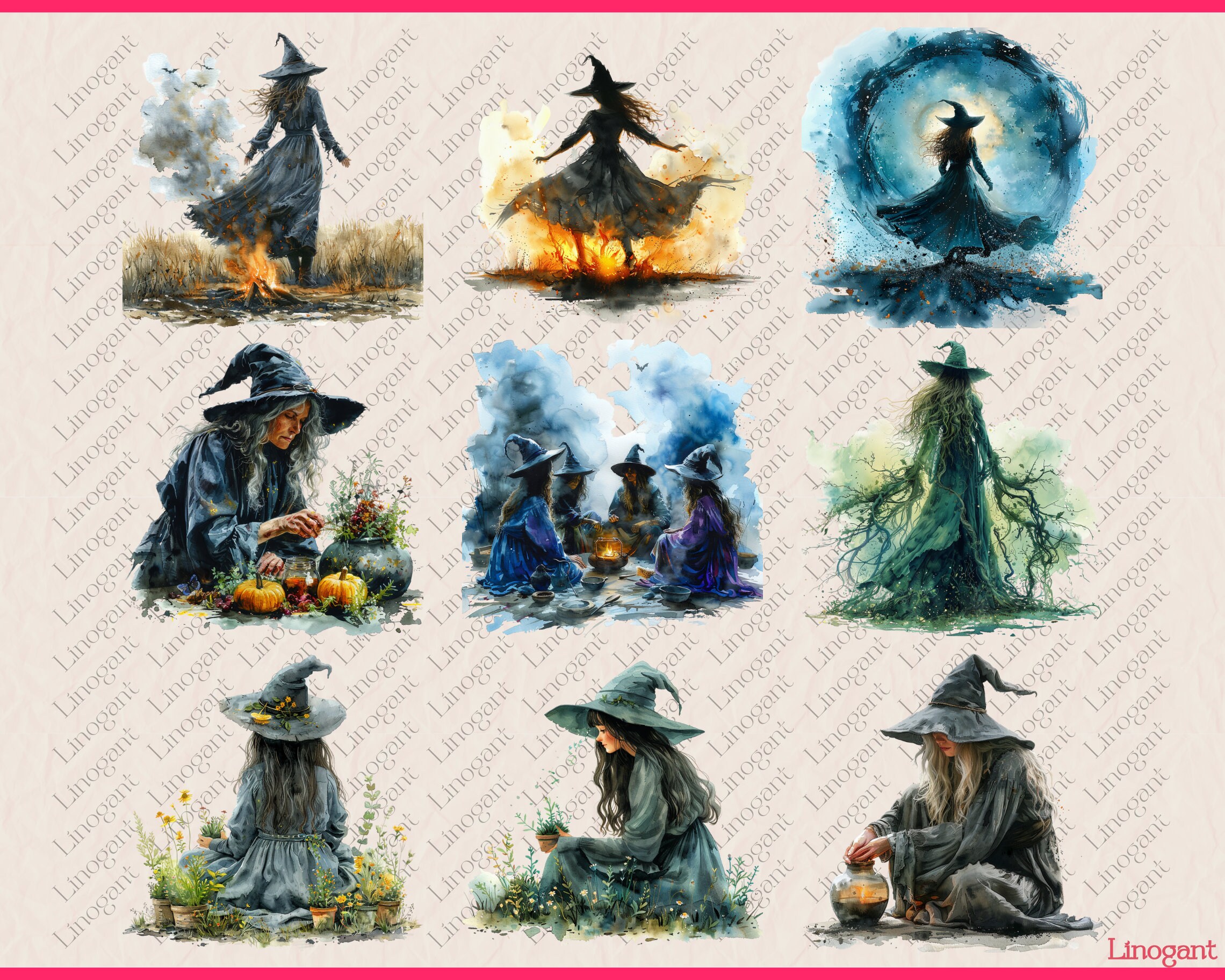 Watercolor Witch Clipart Bundle, Halloween Witch Clip Art Set, Fantasy ...