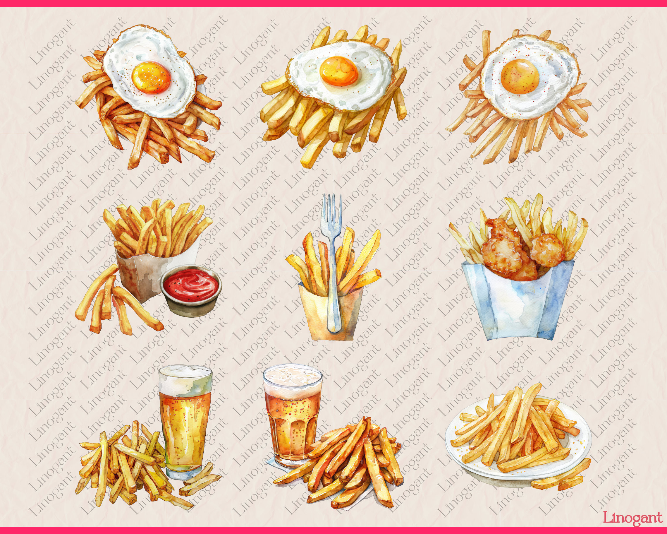 Watercolor French Fries Clipart Bundle, Fast Food Clip Art Set ...