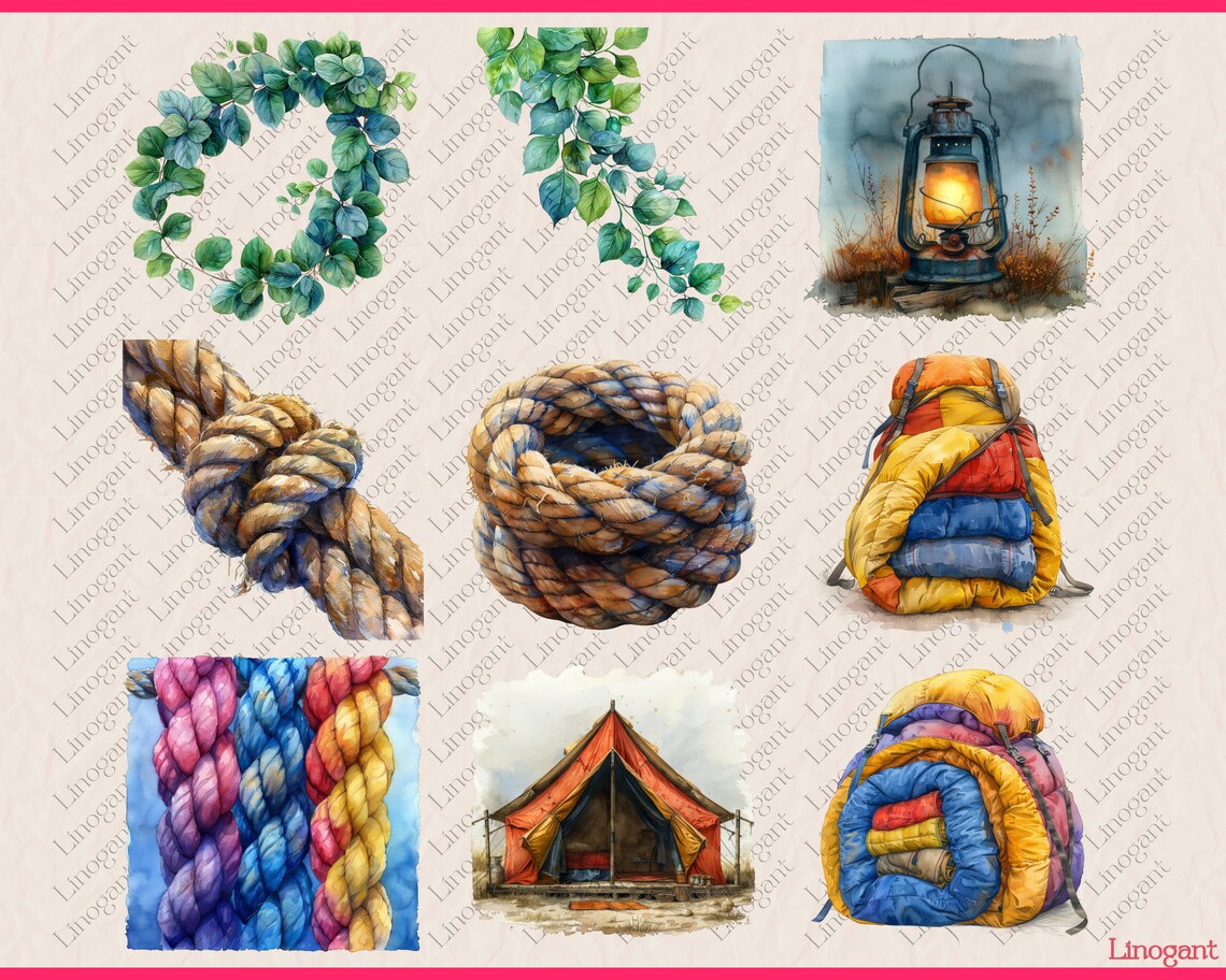 Watercolor Camping Clipart Bundle, Camp Gear Clip Art Set, Campfire ...