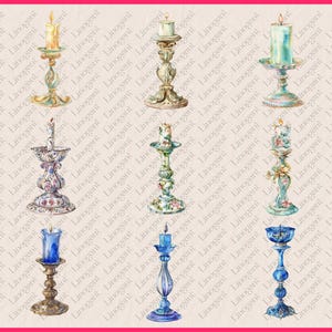 Watercolor Victorian Candlestick Clipart Bundle, Retro Candle Stick ...