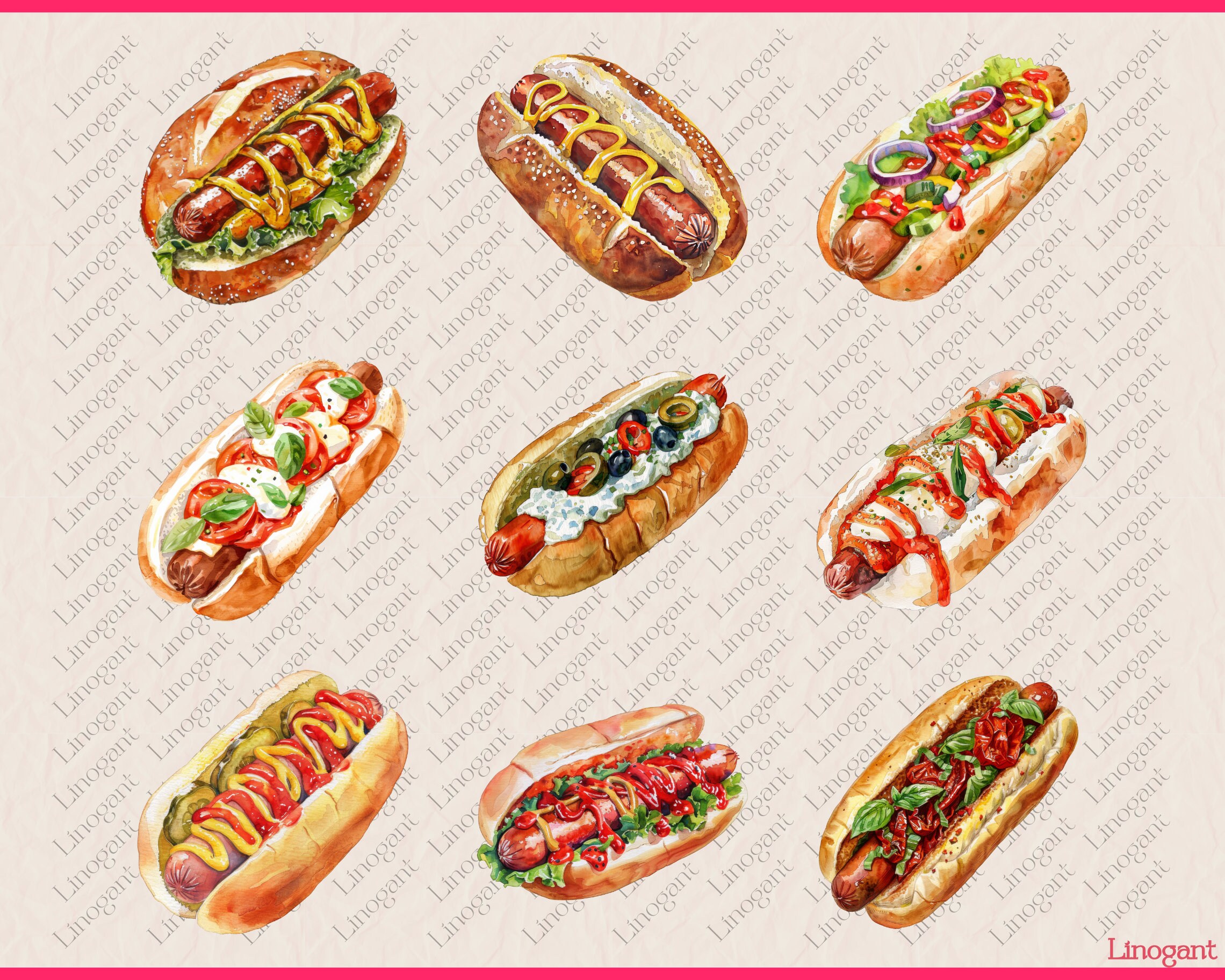 Watercolor Hot Dog Clipart Bundle, Fast Food Clip Art Set, Bakery ...
