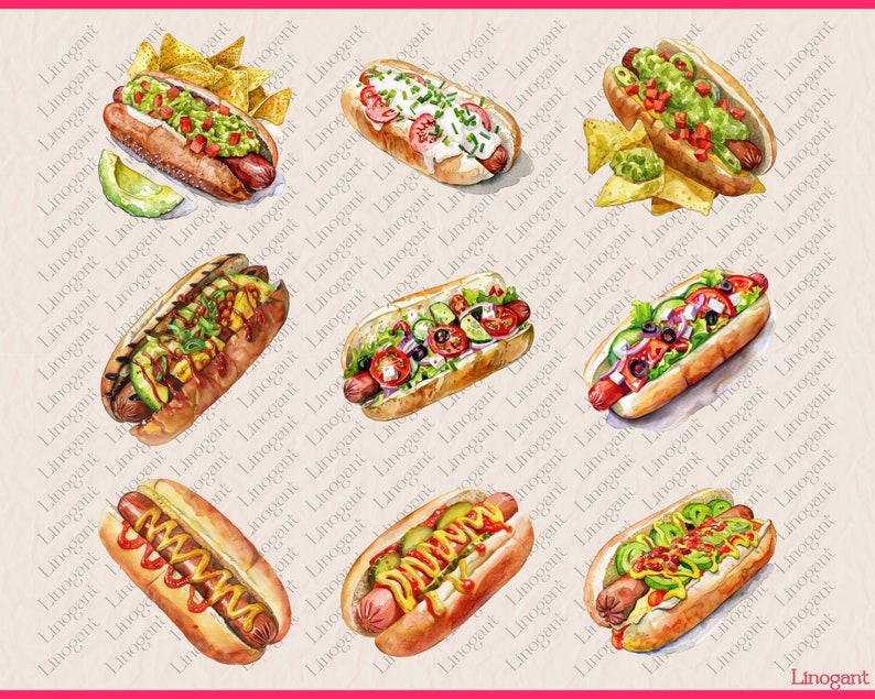Watercolor Hot Dog Clipart Bundle, Fast Food Clip Art Set, Bakery ...