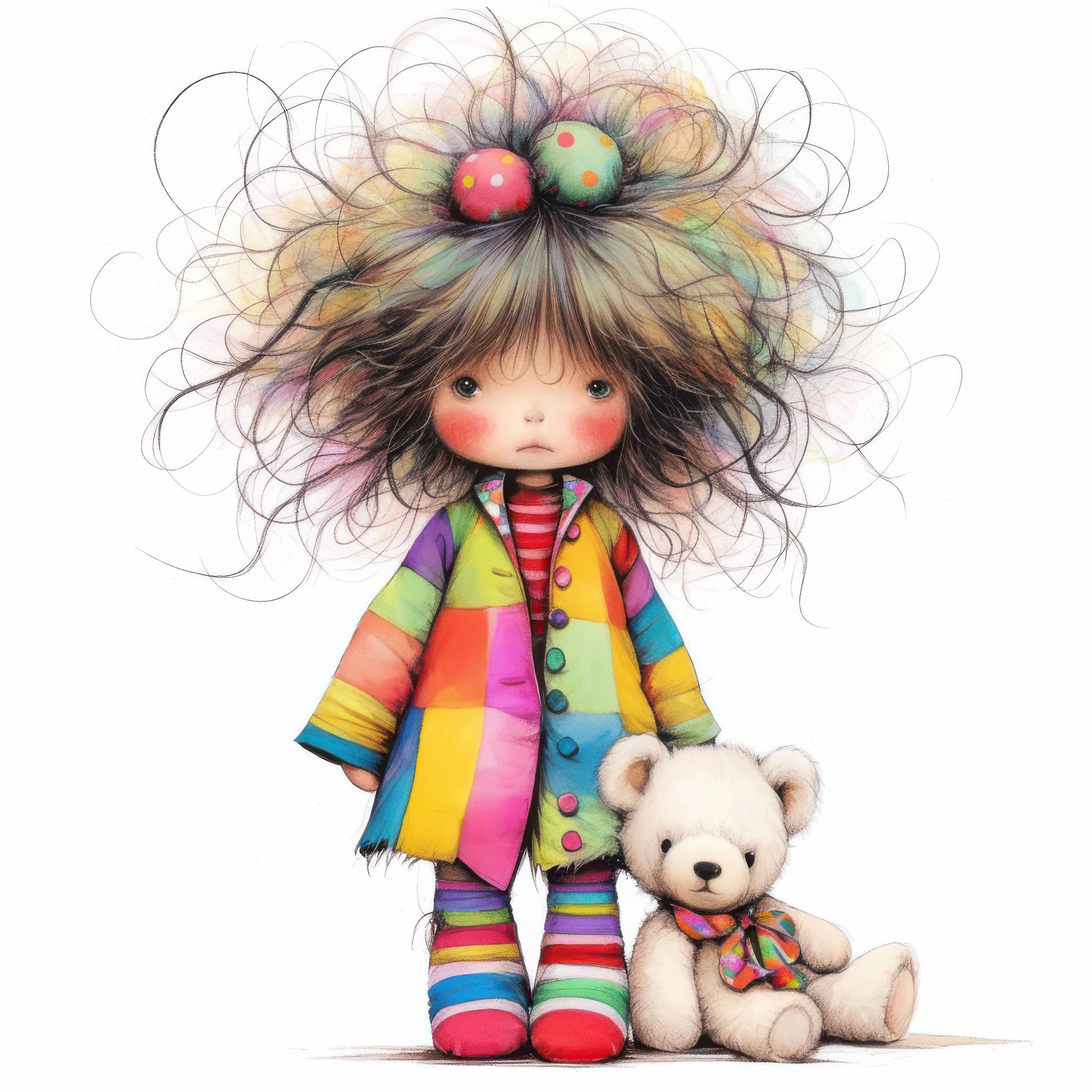 Quirky Teddy Bear and Girl Clip Art 10 High Res Watercolor Jpgs Junk ...