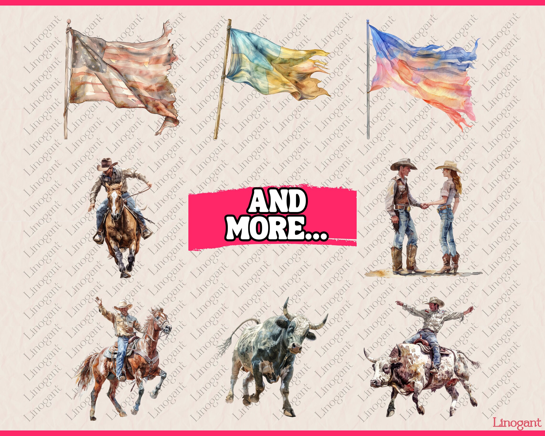 Watercolor Western Clipart Bundle, Rodeo, Sheriff, Cowboy, Cowgirl, Hat ...