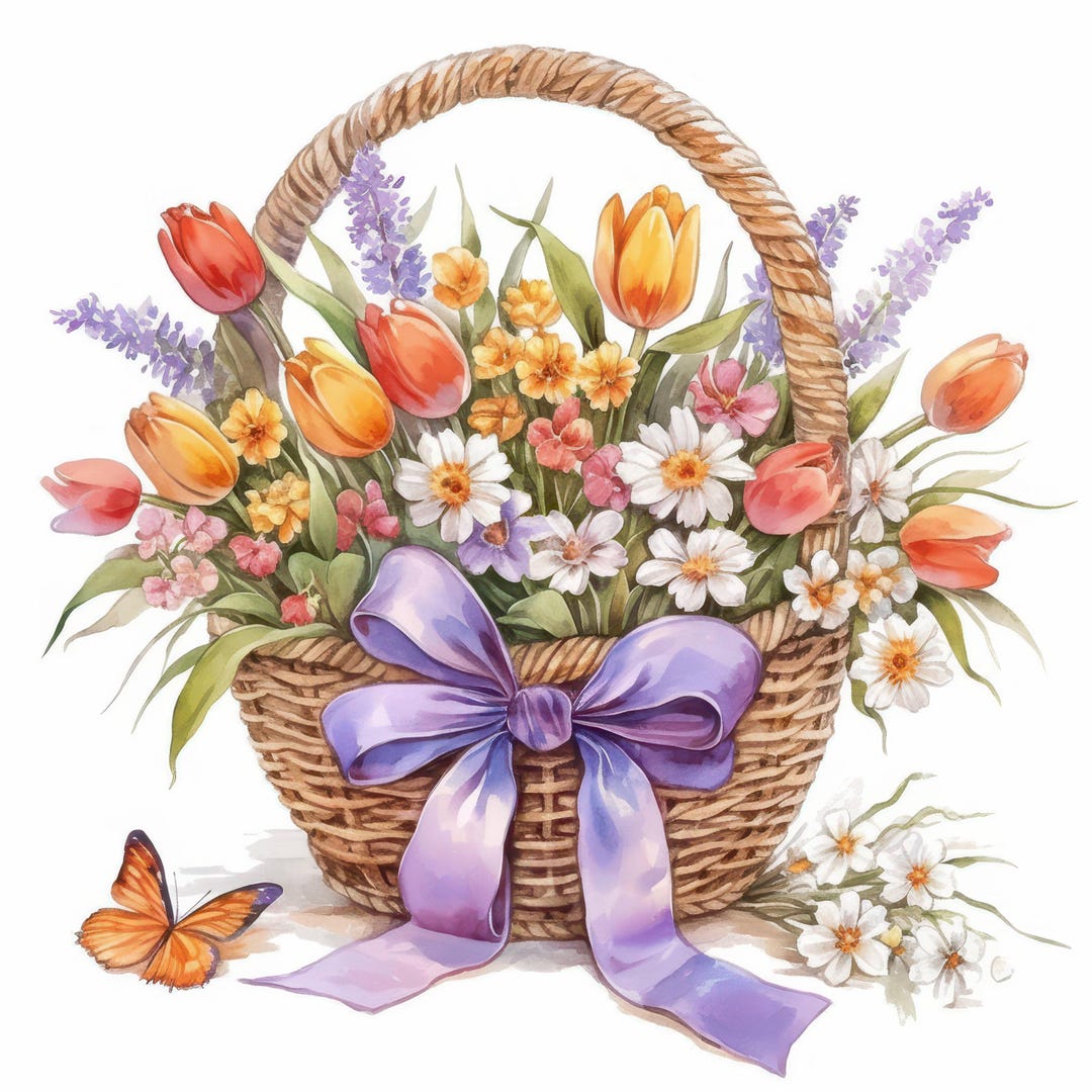18 Spring Floral Basket Clipart, Blooming Flower Arrangement ...