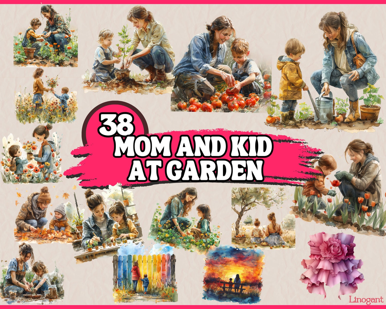Watercolor Mom and Kid at Garden Clipart Bundle, Cute Mother and Child ...