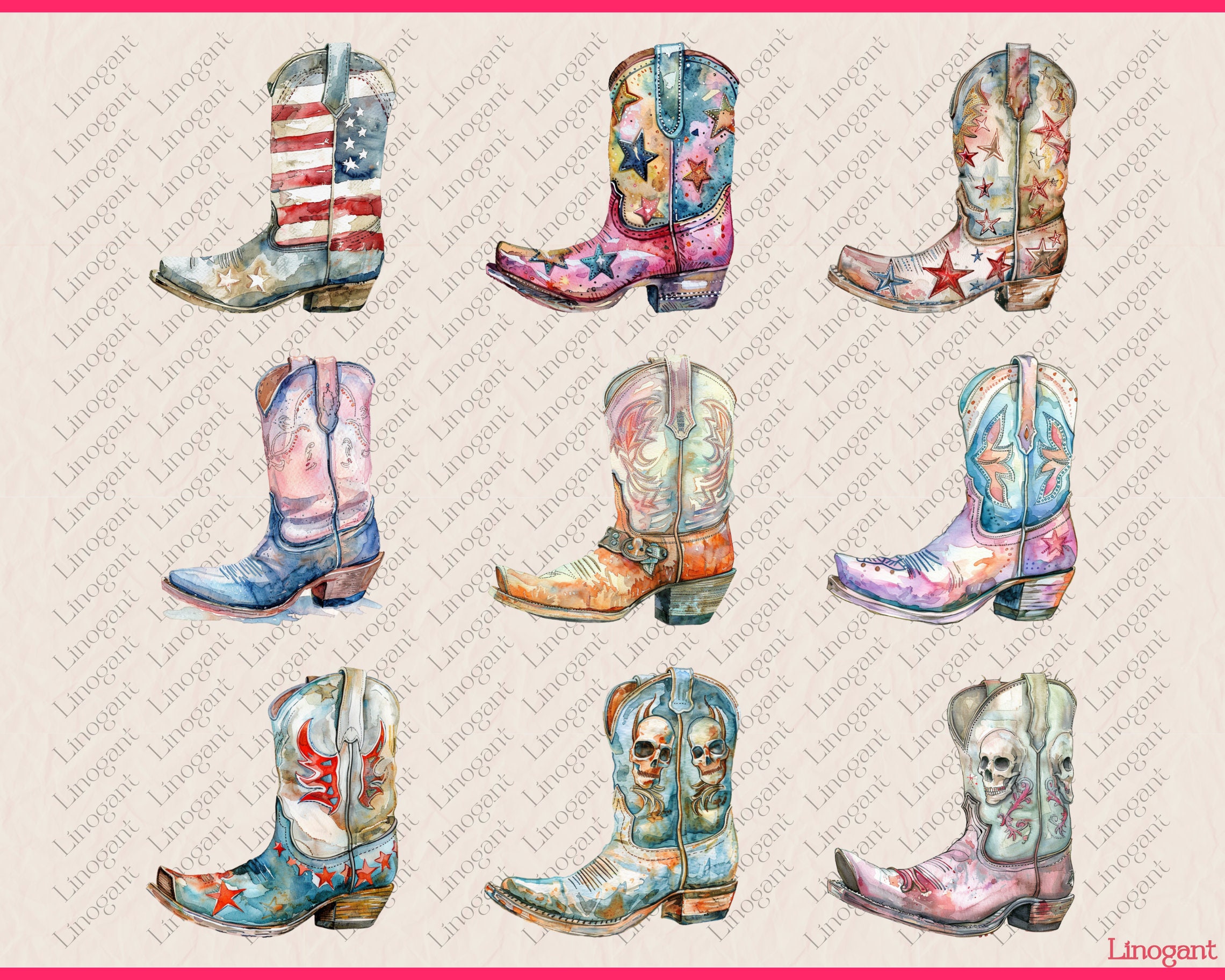 Watercolor Western Cowboy Boot Clipart Bundle, Cowgirl Shoe Clip Art ...
