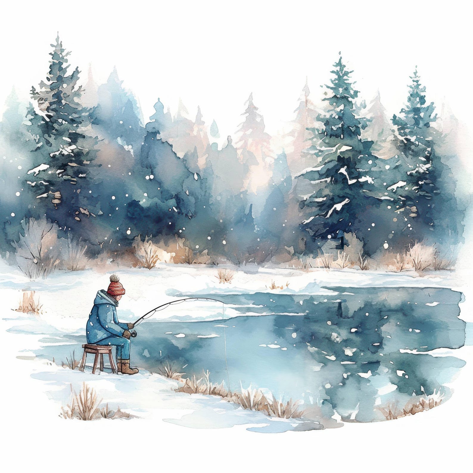 10 Ice Fishing Clipart Bundle, Winter Fisherman Illustration, Printable ...
