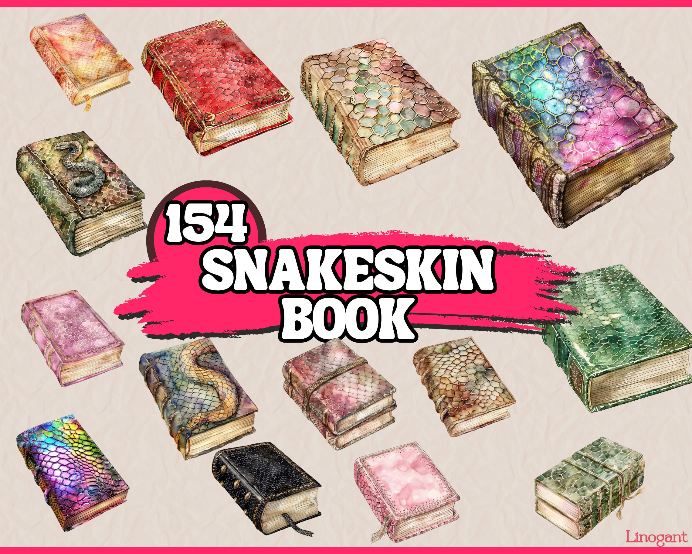 Watercolor Snakeskin Book Clipart Bundle, Grimoires Clip Art Set ...