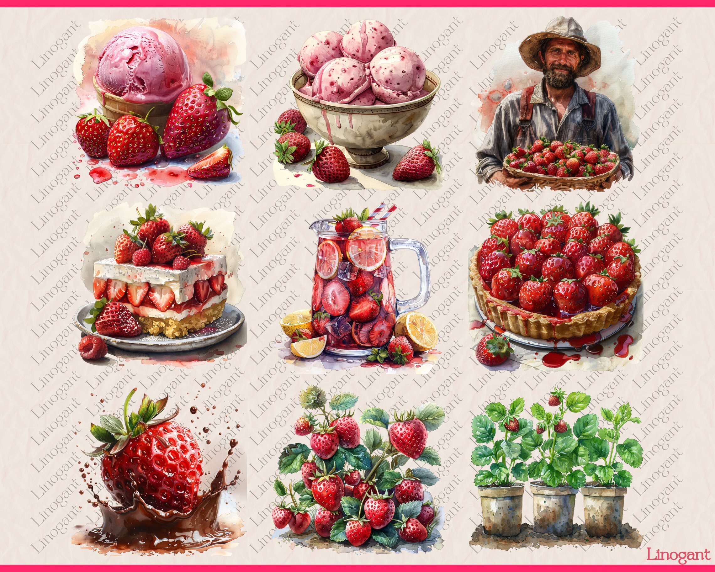 Watercolor Strawberry Clipart Bundle, Fruits Clip Art Set, Straw Berry ...