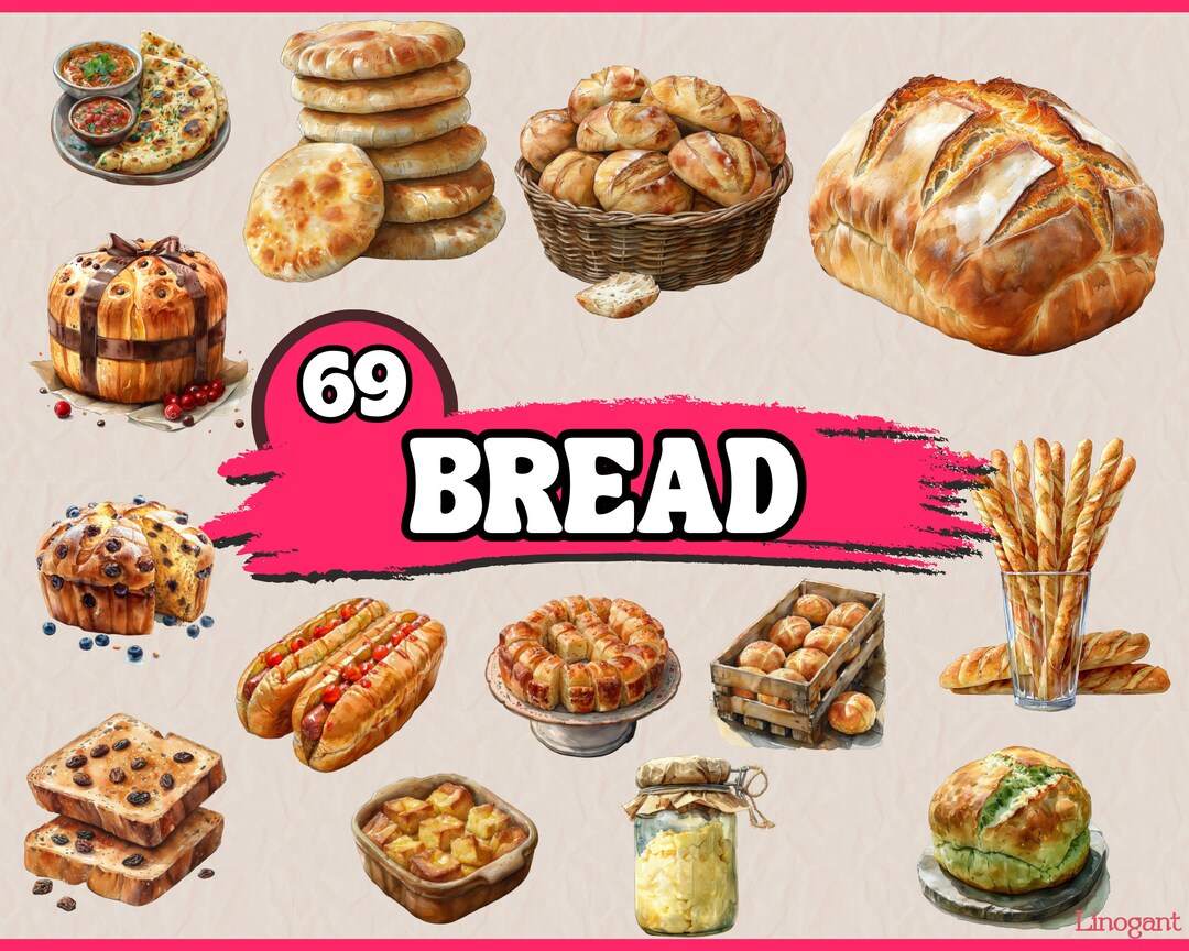 Watercolor Bread Clipart Bundle, Breakfast Food Clip Art Set, Bakery ...