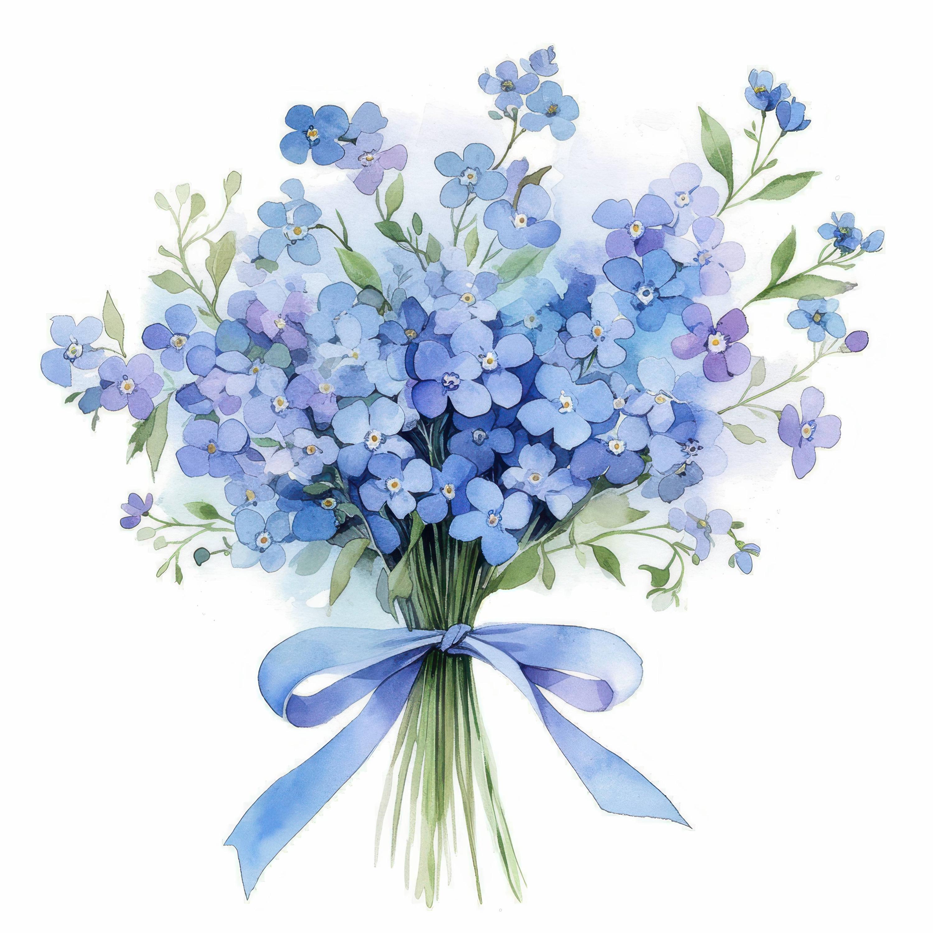 12 Forget Me Not Flower Bunch Watercolor Clipart, Blue Bow Illustration ...