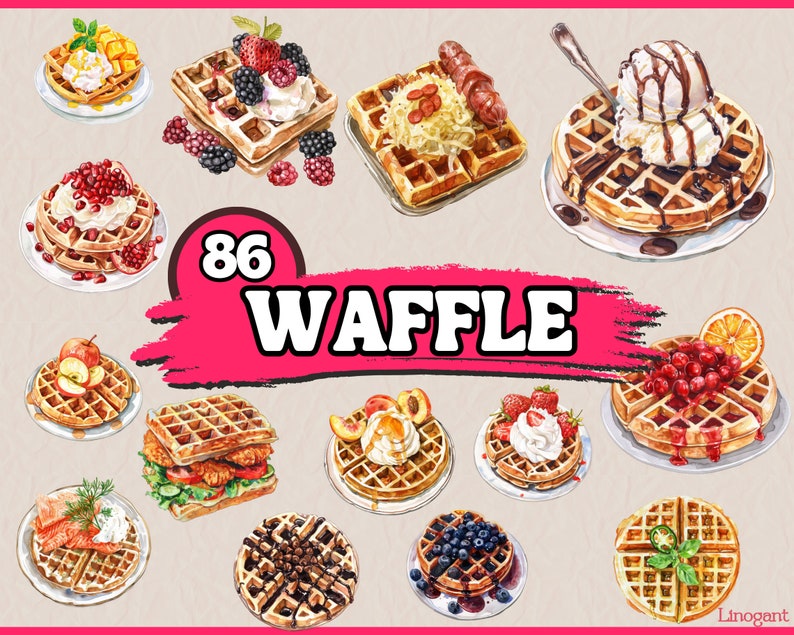 Watercolor Waffle Clipart Bundle, Food Clip Art Set, Bakery, Dessert ...
