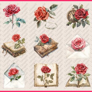 Watercolor Red Rose Objects Clipart Bundle, Floral Clip Art Set, Flower ...