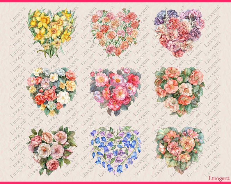Watercolor Heart Shaped Flowers Clipart Bundle, Floral Romantic Gift ...