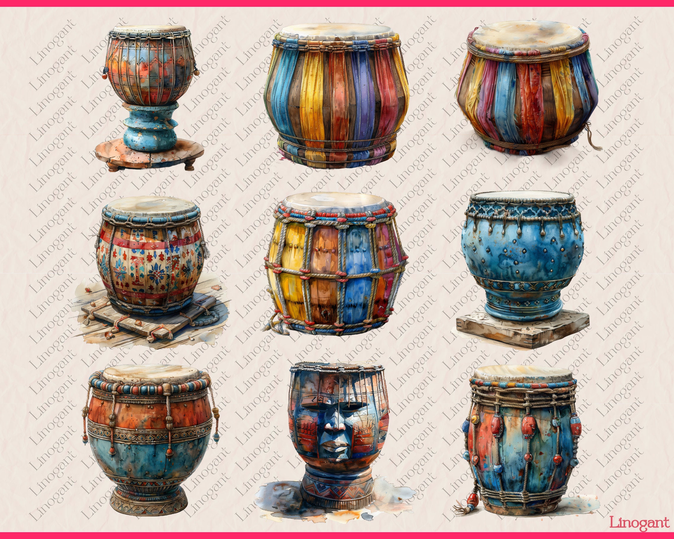 Watercolor Traditional Drums Clipart Bundle, Tribal Drums Clip Art Set ...