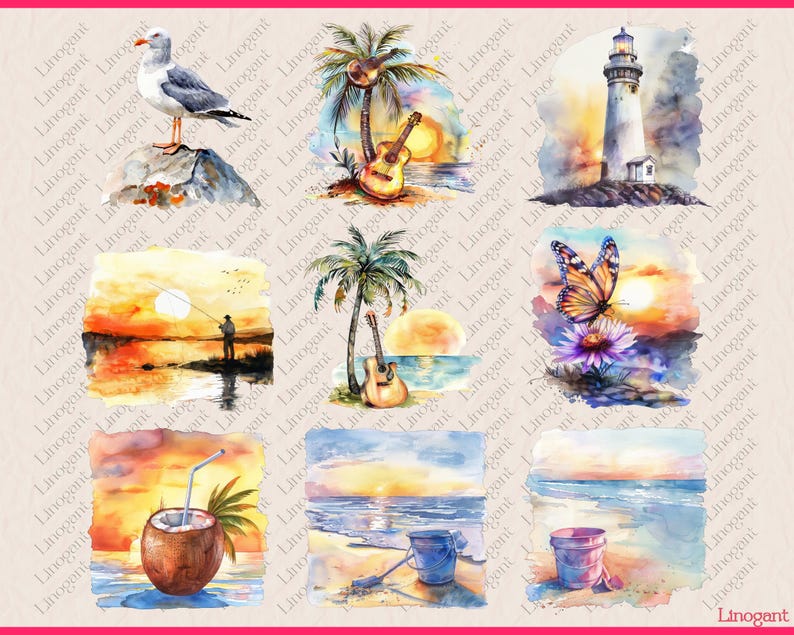 37 PNG Tropical Sunset Clipart Summer Sunset at Beach, Watercolor Sun ...