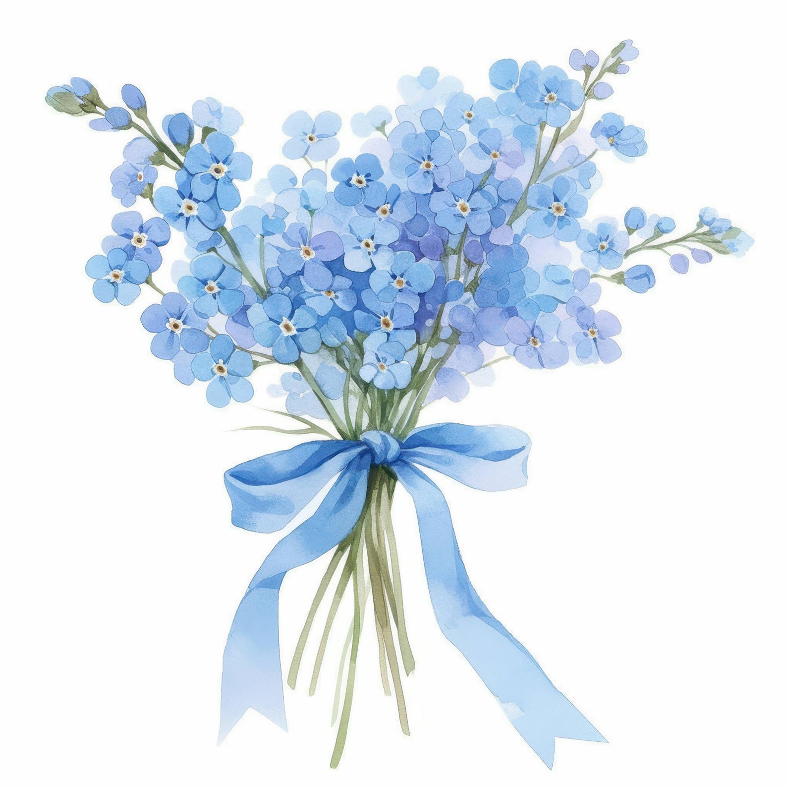 12 Forget Me Not Flower Bunch Watercolor Clipart, Blue Bow Illustration ...