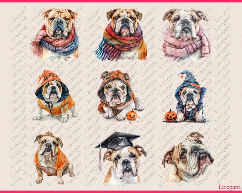 Watercolor English Bulldog Clipart Bundle, Dog Breeds Clip Art Set ...
