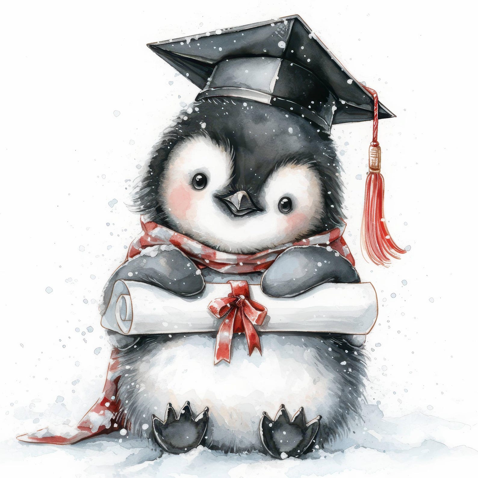 10 Graduation Penguins Clipart, Penguin With Red Scarves Illustration ...