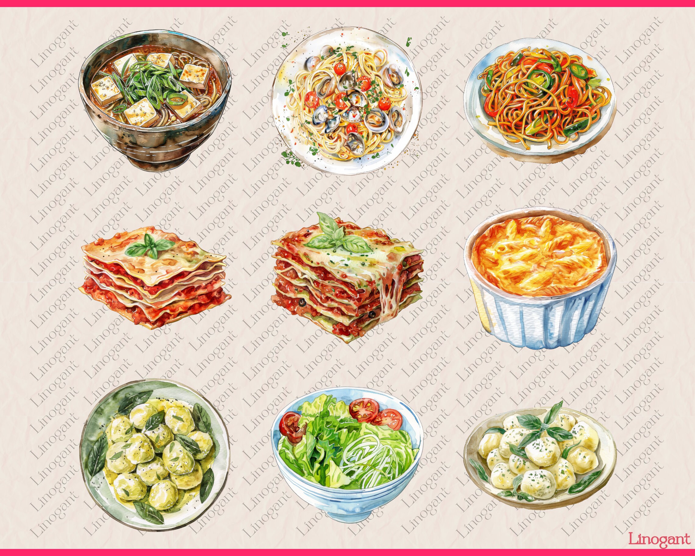 Watercolor Noodle and Pasta Clipart Bundle, Italy Food Clip Art Set ...