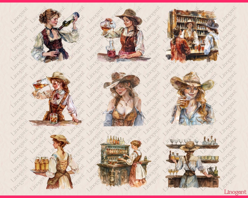 Watercolor Western Barmaid and Bartender Clipart Bundle, Cowboy Cowgirl ...