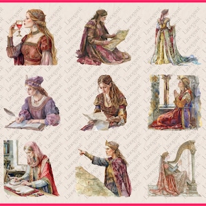 Watercolor Medieval Queen Clipart Bundle, Fantasy Middle Age Clip Art ...