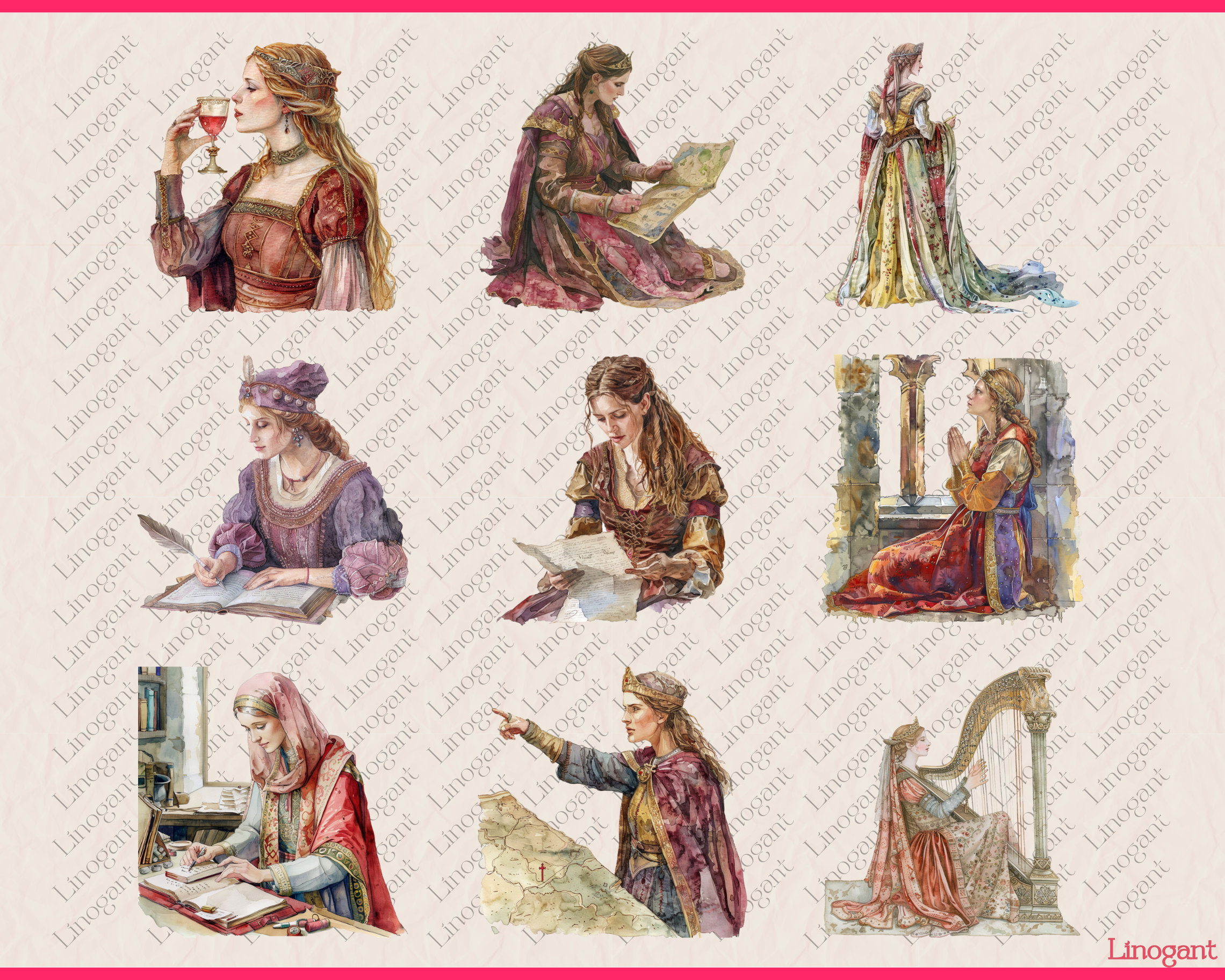 Watercolor Medieval Queen Clipart Bundle, Fantasy Middle Age Clip Art ...