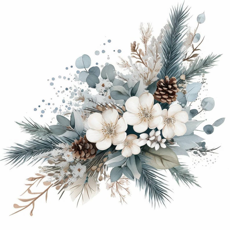 12 Icy Season Floral Arrangement Watercolor Clipart, Elegant Bouquet ...