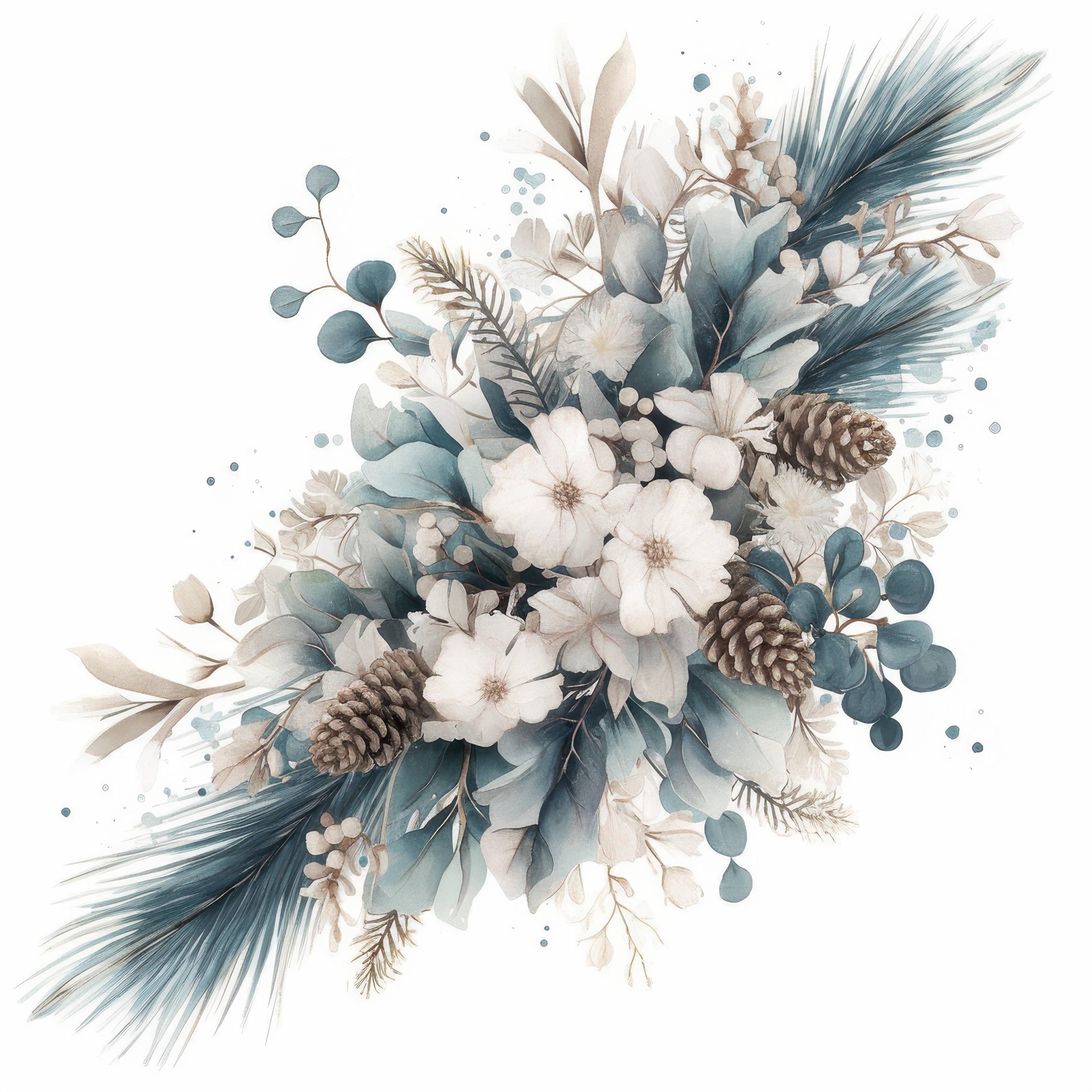 12 Icy Season Floral Arrangement Watercolor Clipart, Elegant Bouquet ...