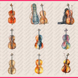Watercolor Cello Clipart Bundle, Musical Instruments Clip Art Set ...