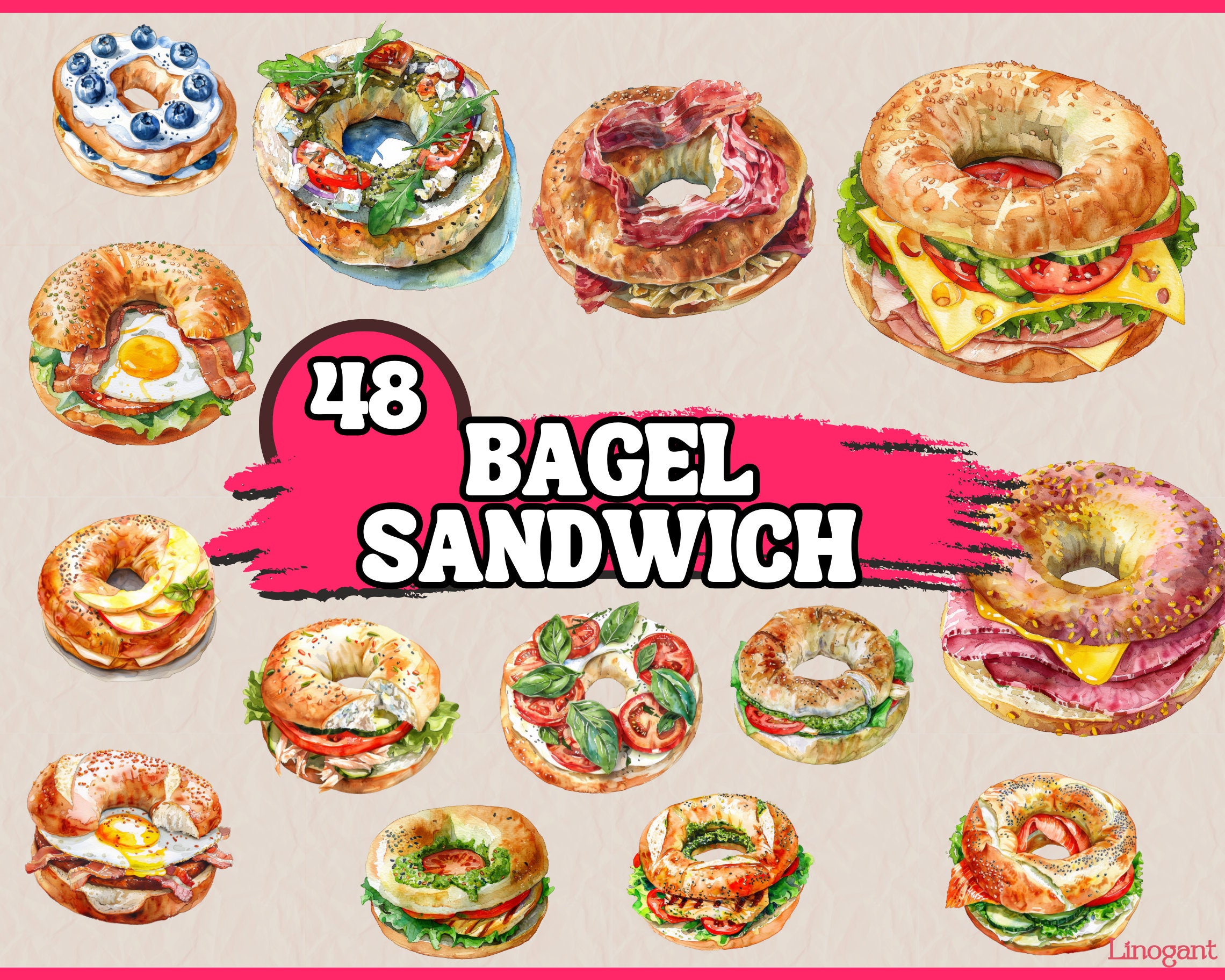 Watercolor Bagel Sandwich Clipart Bundle, Breakfast Food Clip Art Set ...